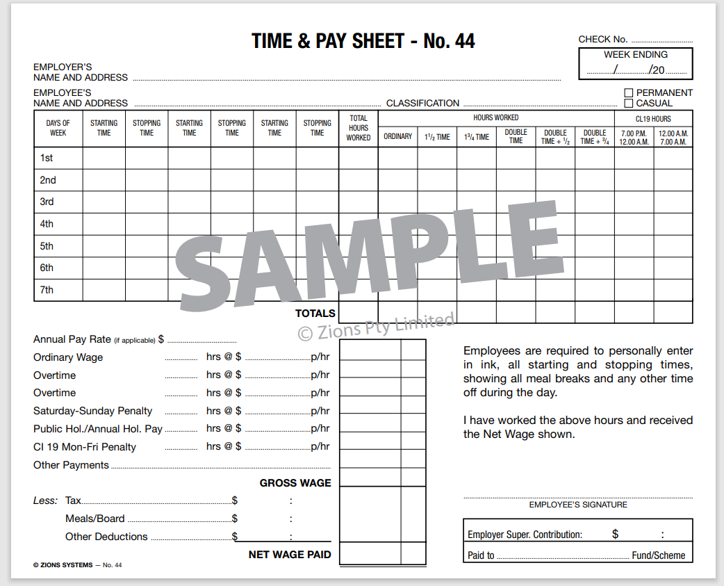 Time and Pay Sheet - No. 44 | Hunters 1866